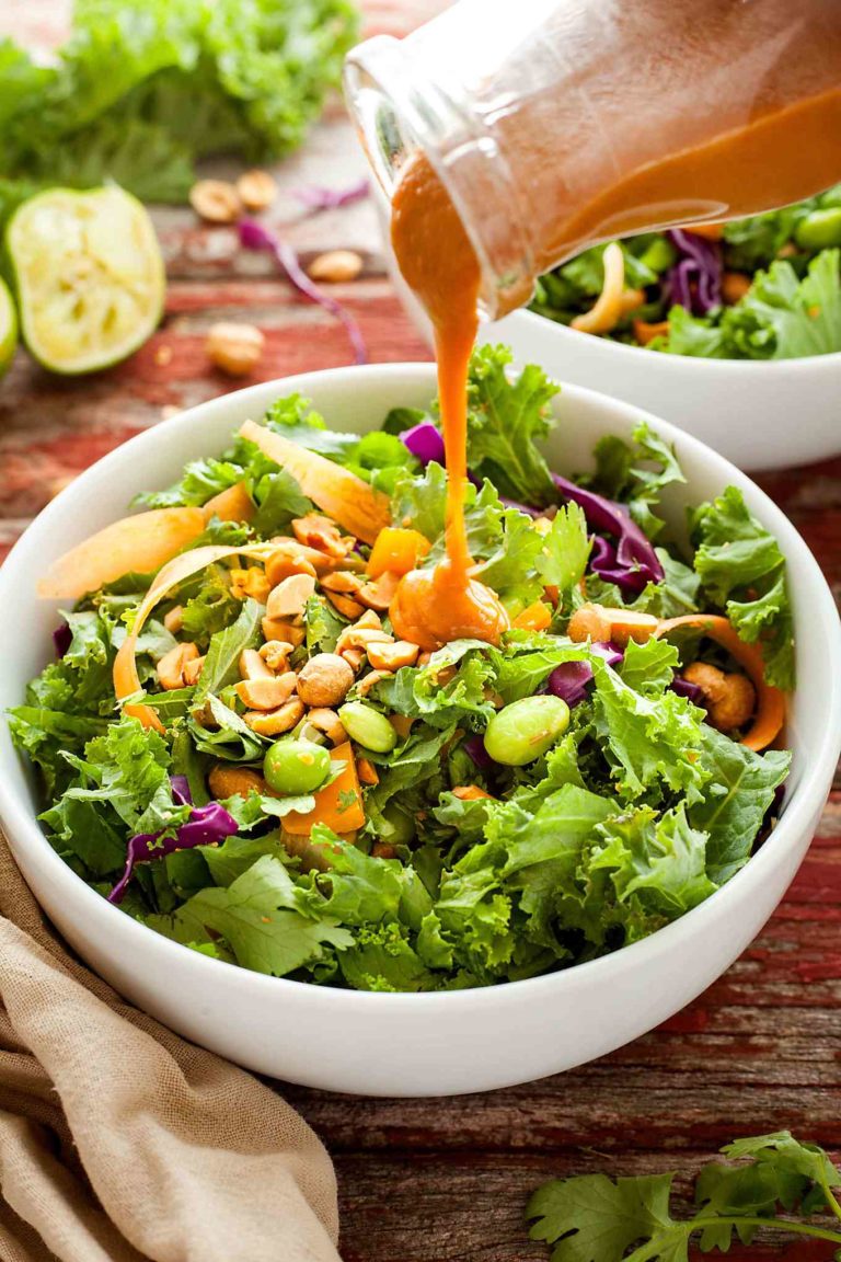 Healthy Green Salad with Sriracha Peanut Dressing - The Live-In Kitchen
