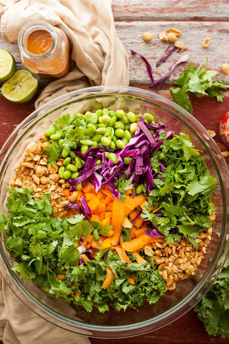 Healthy Green Salad with Sriracha Peanut Dressing - The Live-In Kitchen