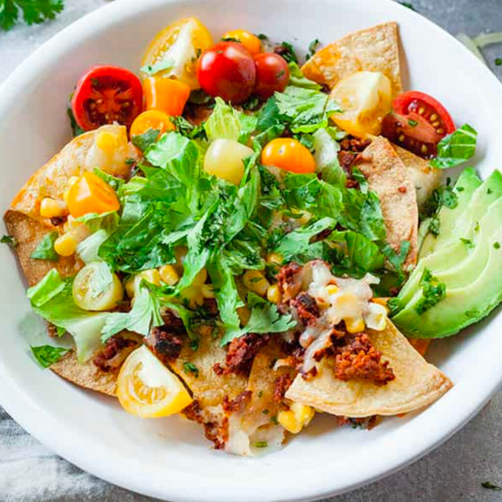 Vegetarian Chorizo Nachos with Lime Crema - The Live-In Kitchen
