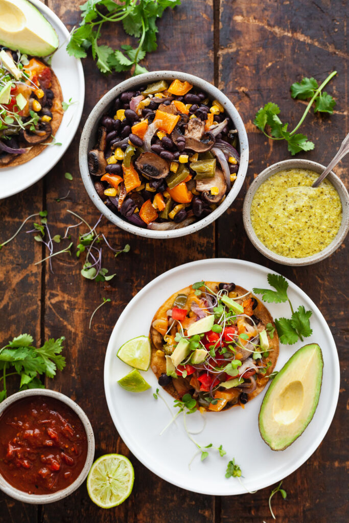 Roasted Veggie Tostadas with Poblano Cream Sauce
