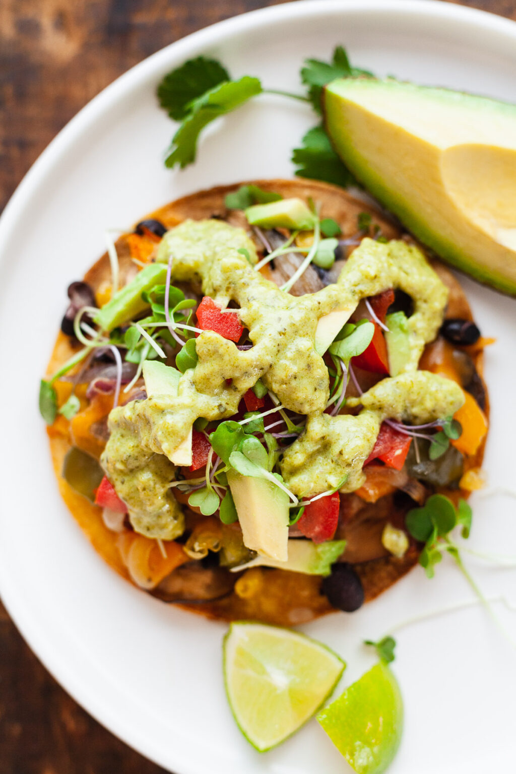 Roasted Veggie Tostadas with Poblano Cream Sauce