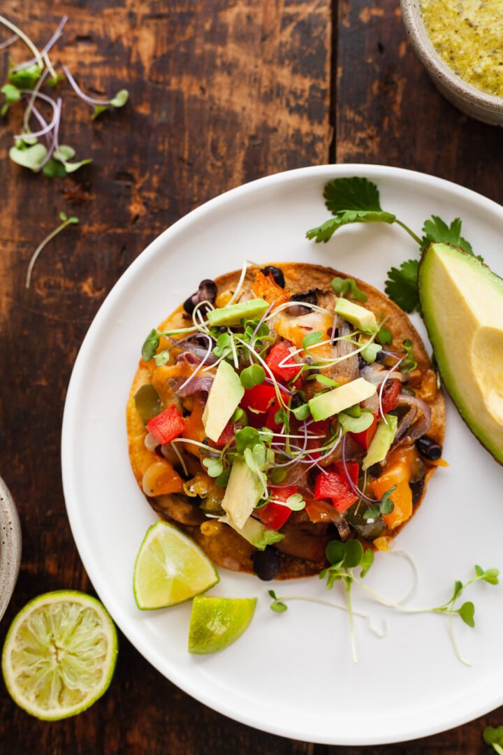 Roasted Veggie Tostadas with Poblano Cream Sauce