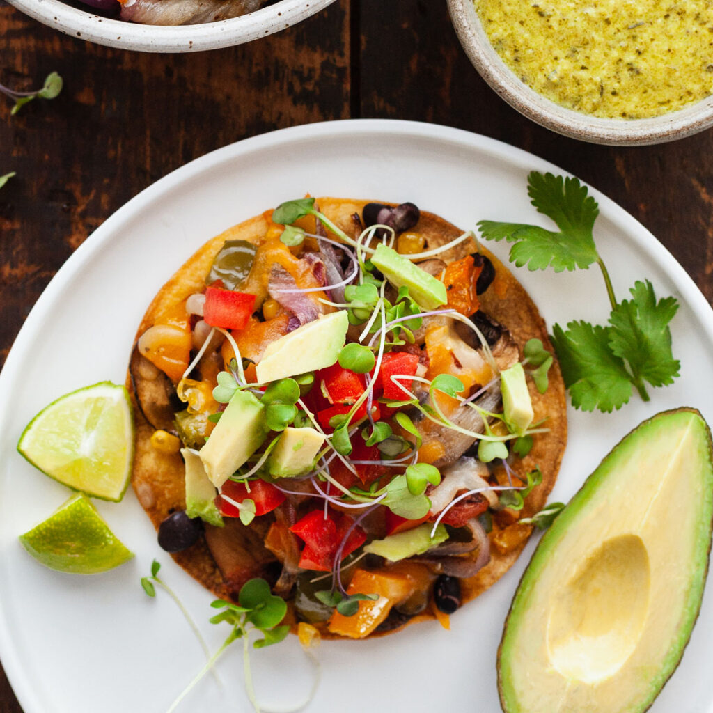 Roasted Veggie Tostadas with Poblano Cream Sauce